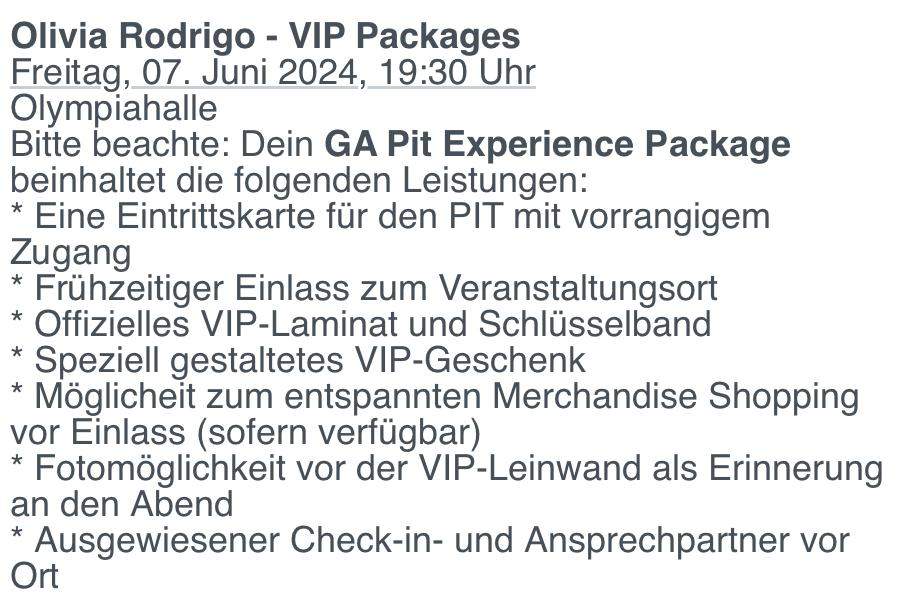 Olivia Rodrigo Konzert München GA PIT Experience Package Vorteile? (Musik, Ticket, Karten)