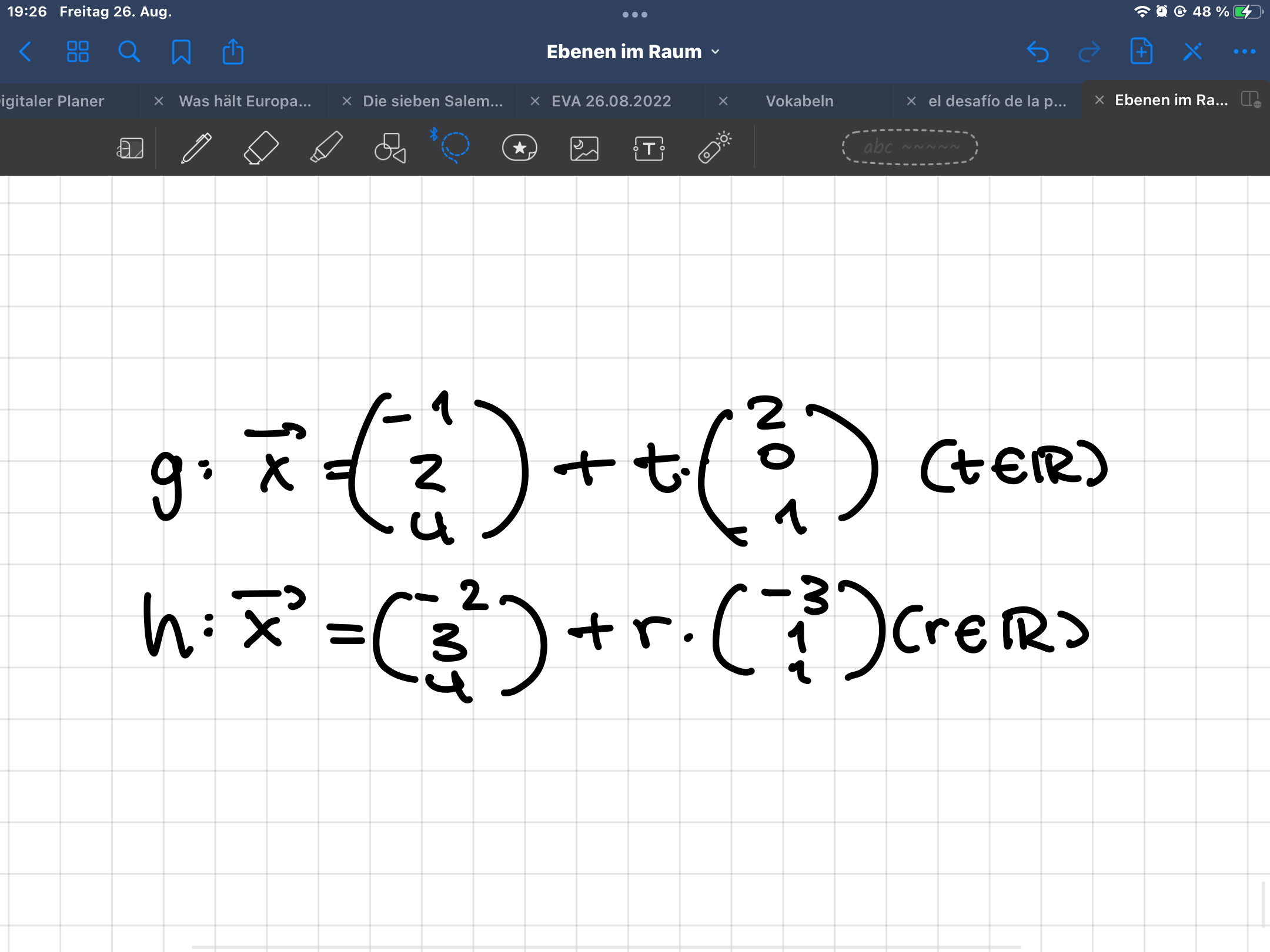 Parametergleichung der Ebene E, die von den Geraden g und h aufgespannt ...