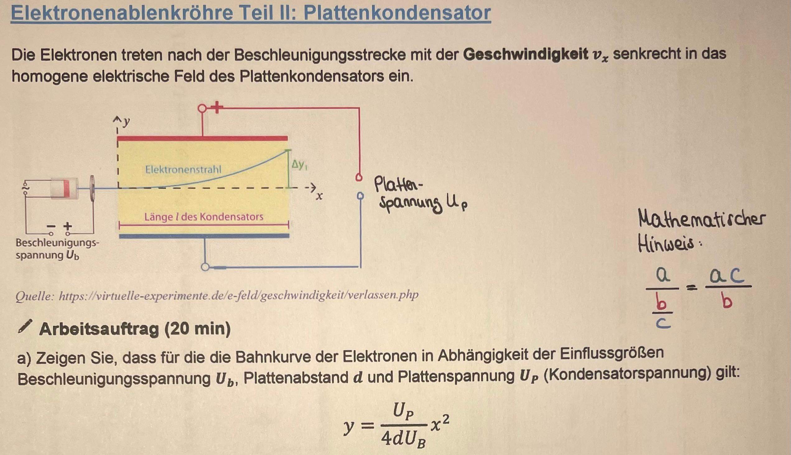 [Physik] Bahnkurve der Elektronen im Plattenkondensator? (Geschwindigkeit, Elektrizität, Spannung)