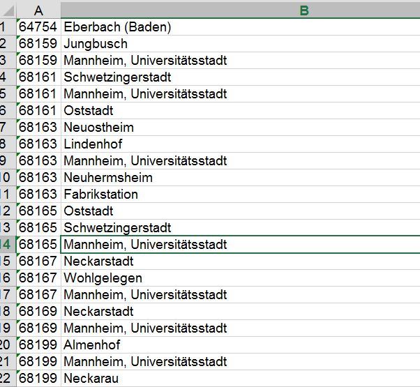 PLZ Zuordnung in Excel (nur bei DE) (Formel)