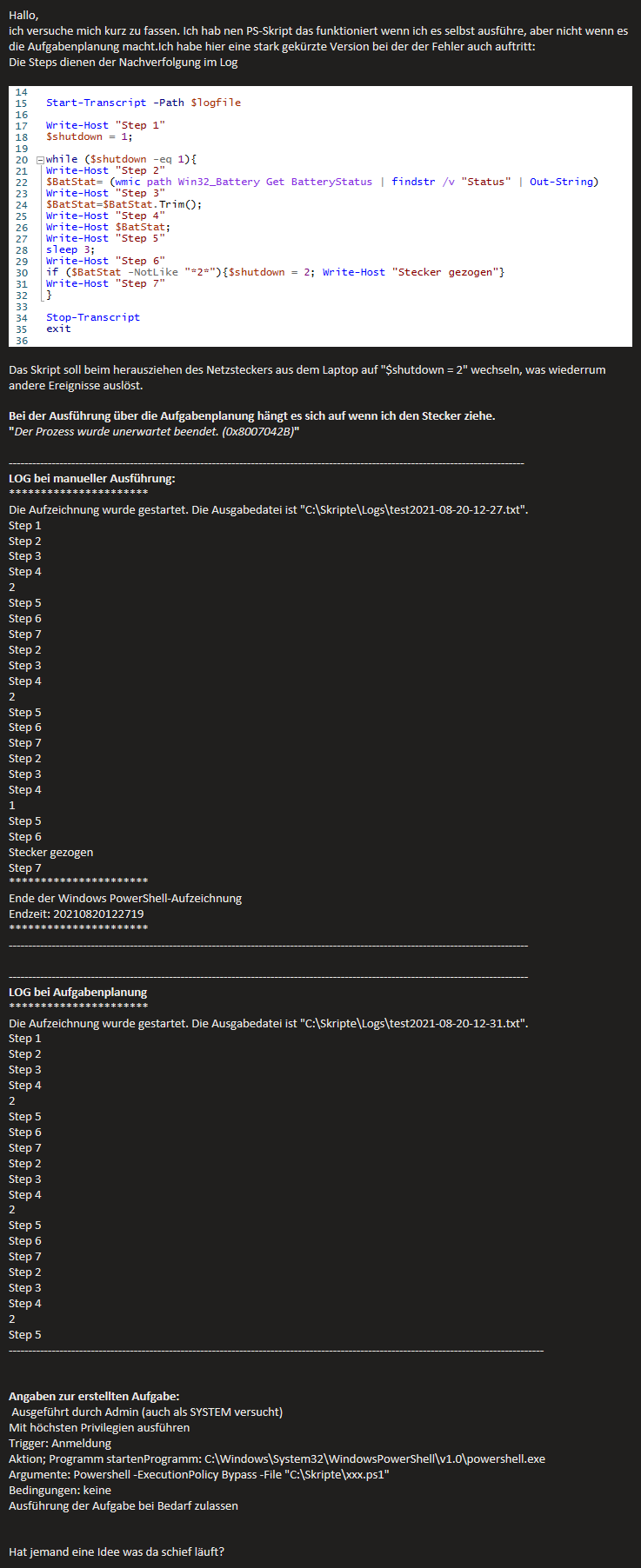Powershell-Skript crasht nur über Windows-Aufgabenplanung? (Computer, programmieren, Laptop)