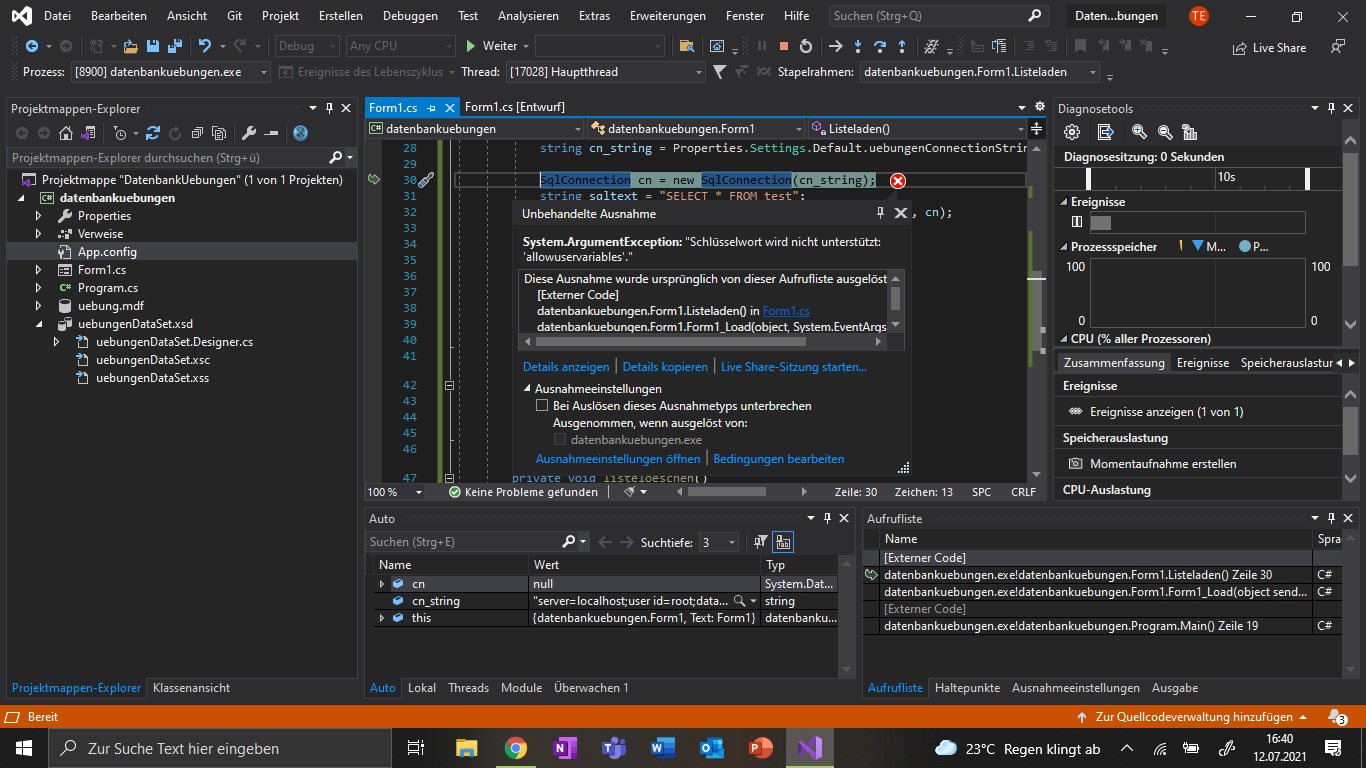 Problem mit der SqlConnection? (Computer, programmieren, Informatik)