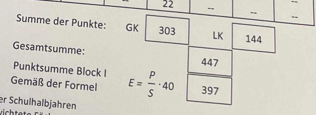 Punktsumme Block I/ Gesamstsumme? (Schule, Abitur, Noten)