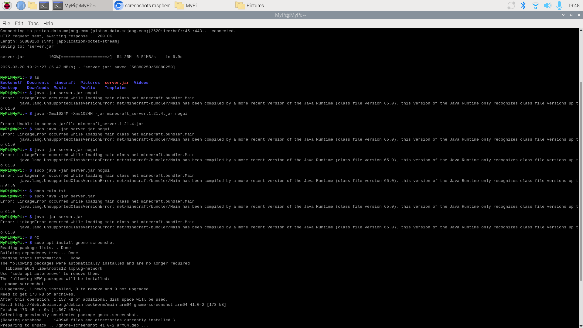 Raspberry Pi 5: Error im Terminal bei Minecraft Server.jar? (Java, Linux, Code)