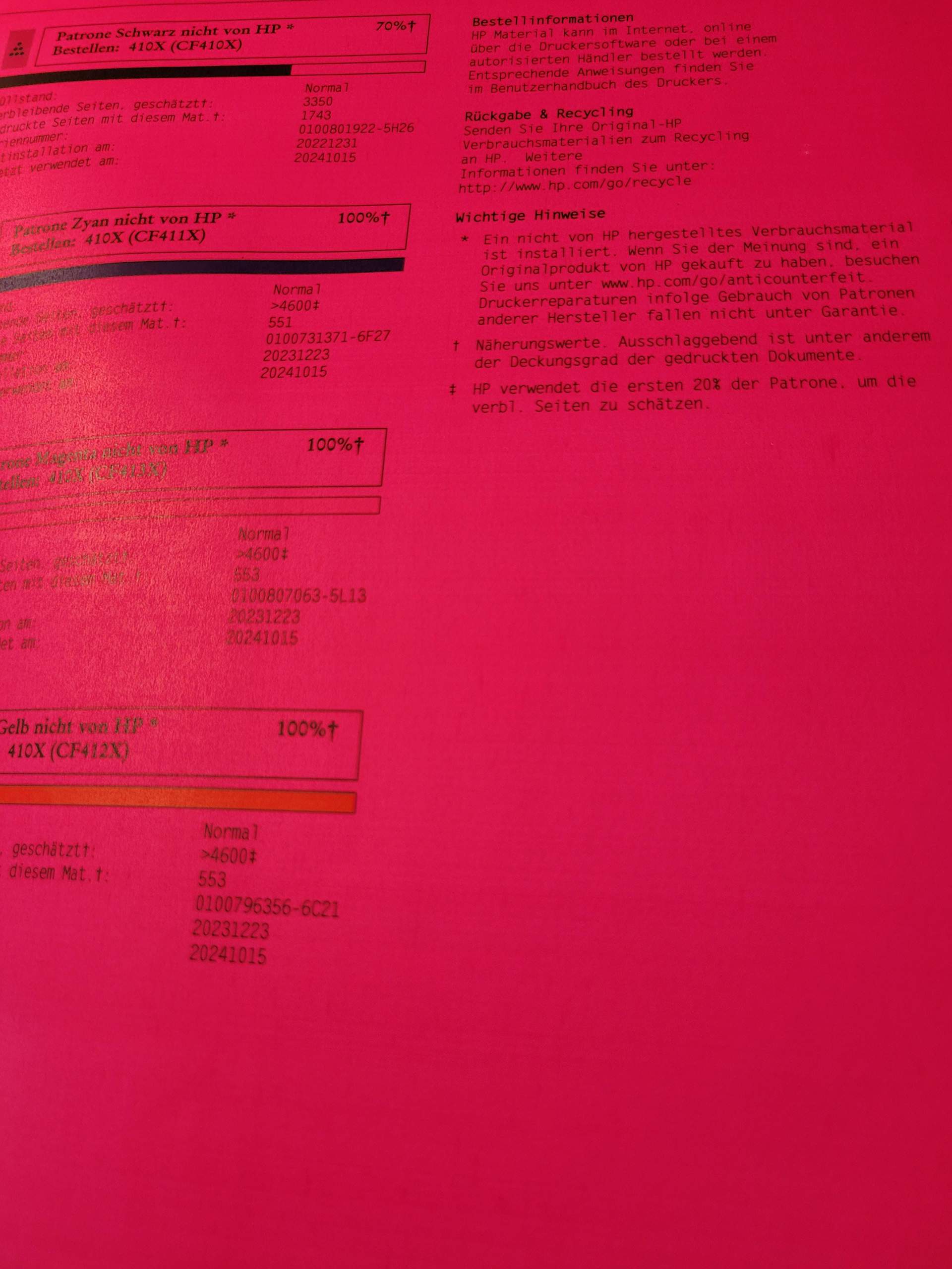 Rote Seiten beim bunten Drucken? (Druckerpatronen, Laserdrucker, HP ...
