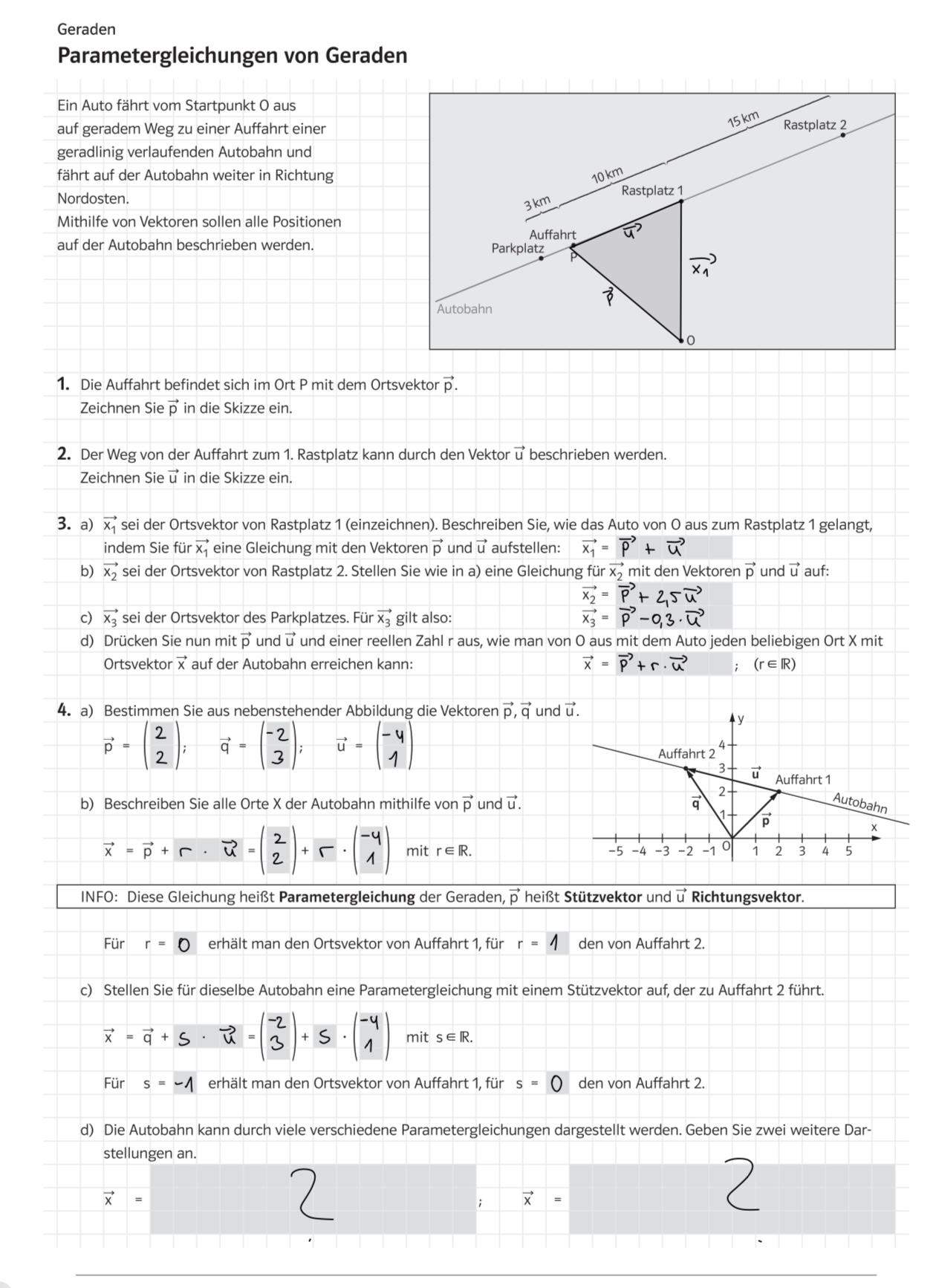 Sind die Aufgaben zum Thema Parametergleichungen von geraden, richtig? (rechnen, Funktion ...