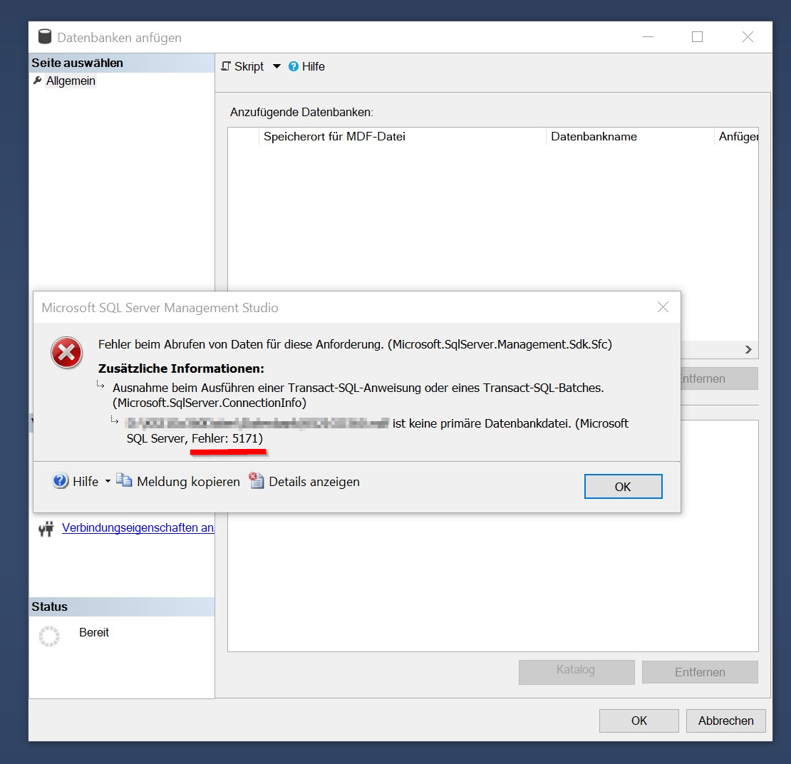 SQL: Nach Festplattencrash .mdf Datei im SSMS anfügen? (Datenbank, MySQL, Datenwiederherstellung)