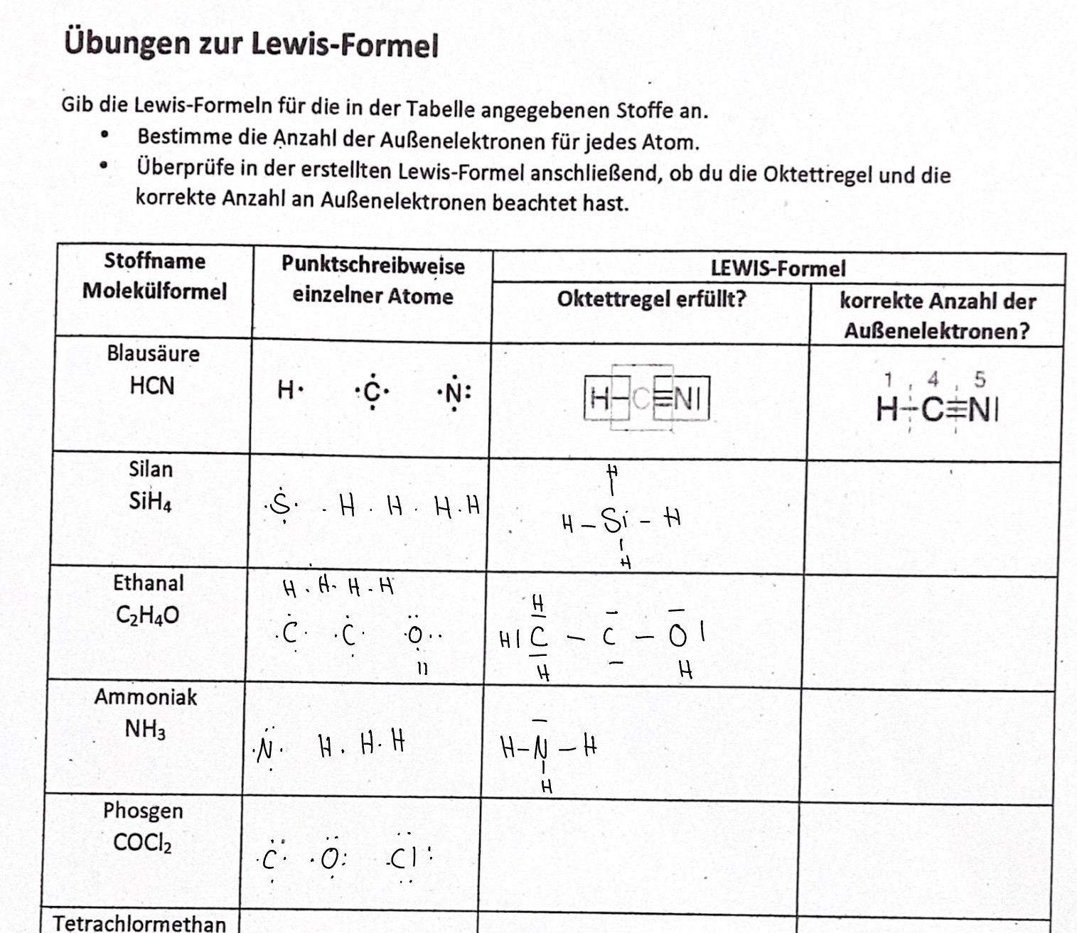 Übungen zur Lewis Formel? (Reaktion, Atom, Chemieunterricht)