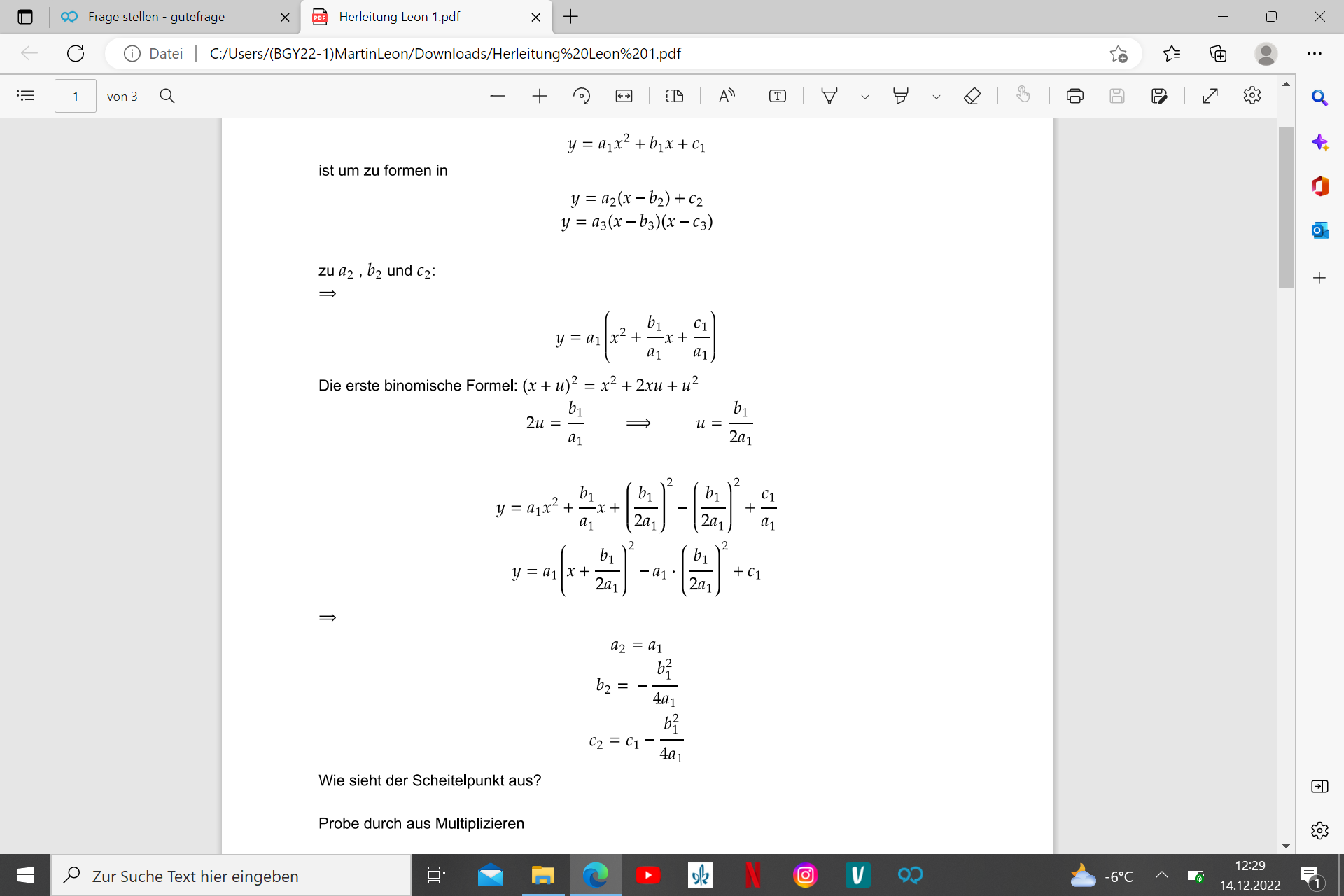 Umformung von der Scheitelpunktform in die Nullstellenform? (Mathematik ...
