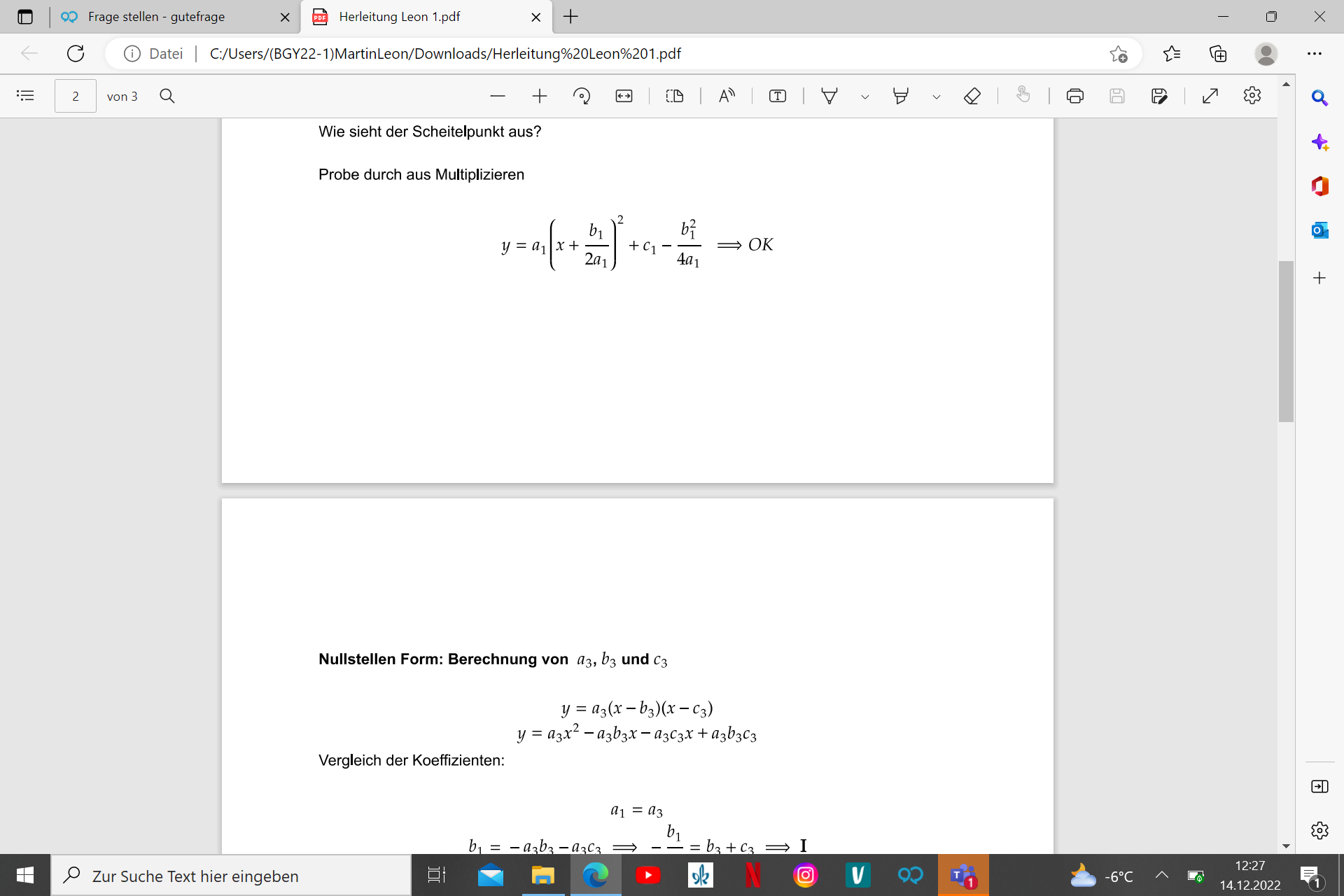 Umformung von der Scheitelpunktform in die Nullstellenform? (Mathematik ...
