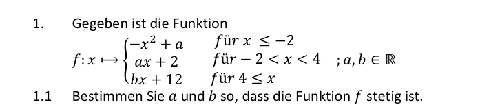 Wie Werte für Variablen bestimmen, so dass Funktion stetig ist? (Schule ...