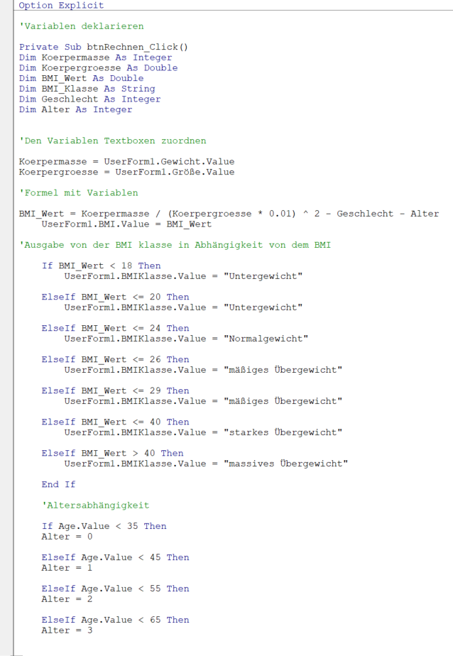 Vba Bmi Rechner Programmieren Vba Excel