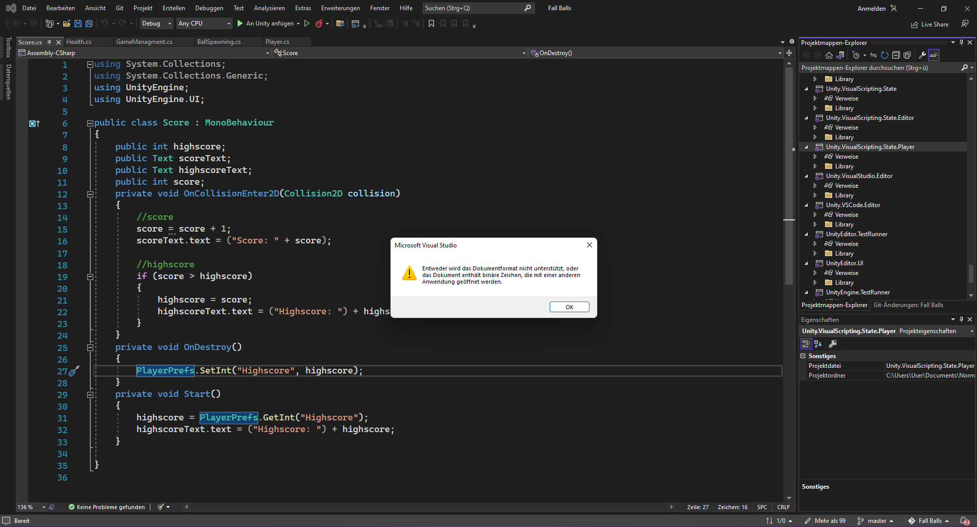 Visual Studio enthält binäre Zeichen, die mit einem anderen Programm geöffnet werden Fehler? (C ...
