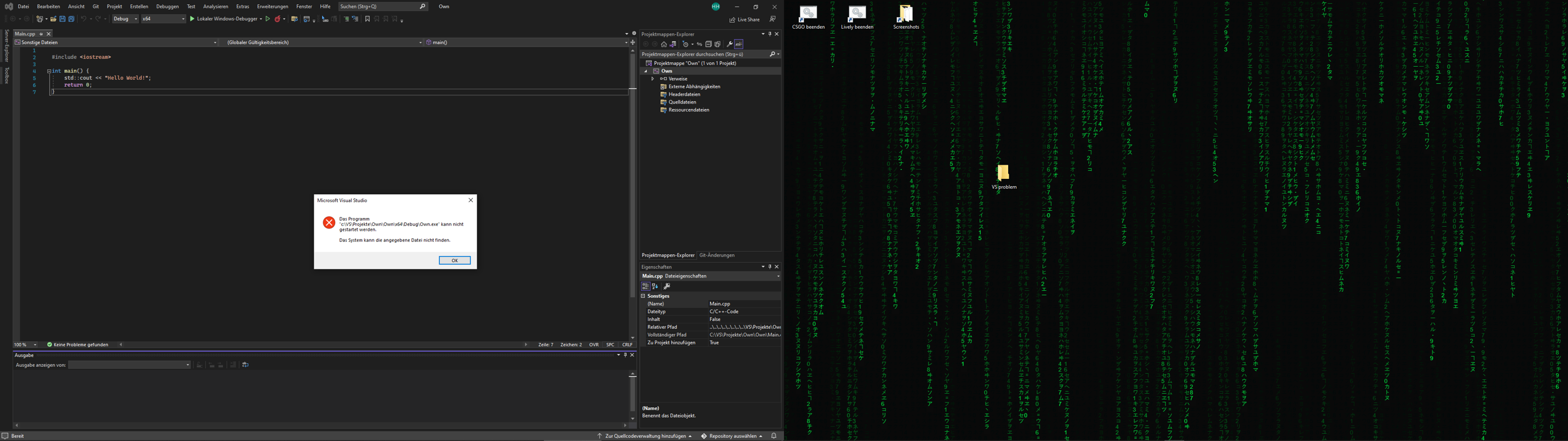 Visual Studio findet .EXE nicht,CPP? (Computer, programmieren, Fehlermeldung)