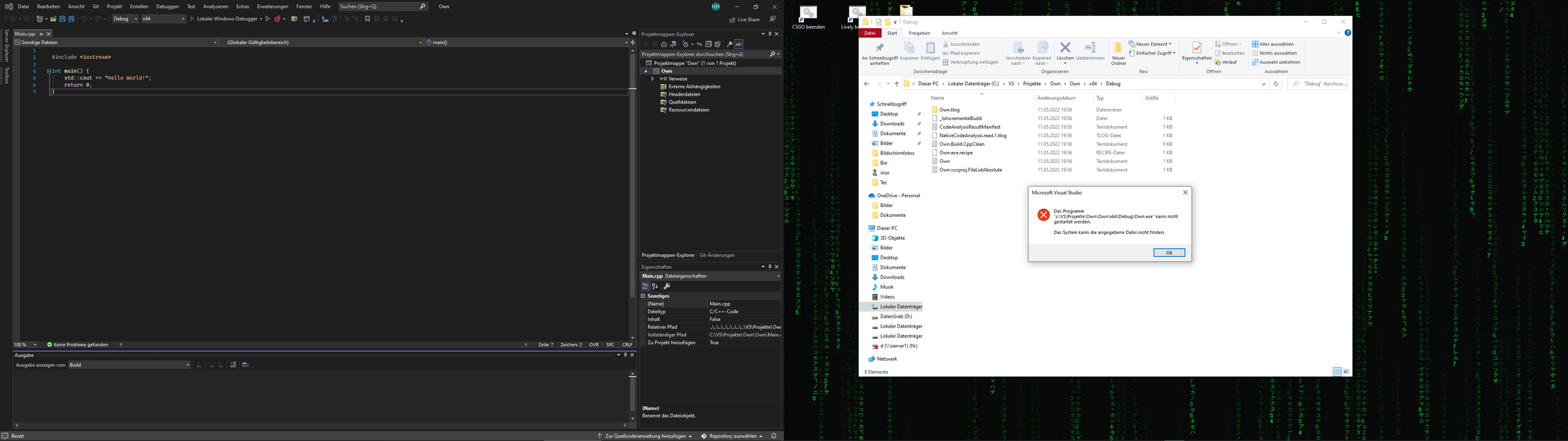 Visual Studio findet .EXE nicht,CPP? (Computer, programmieren, Fehlermeldung)