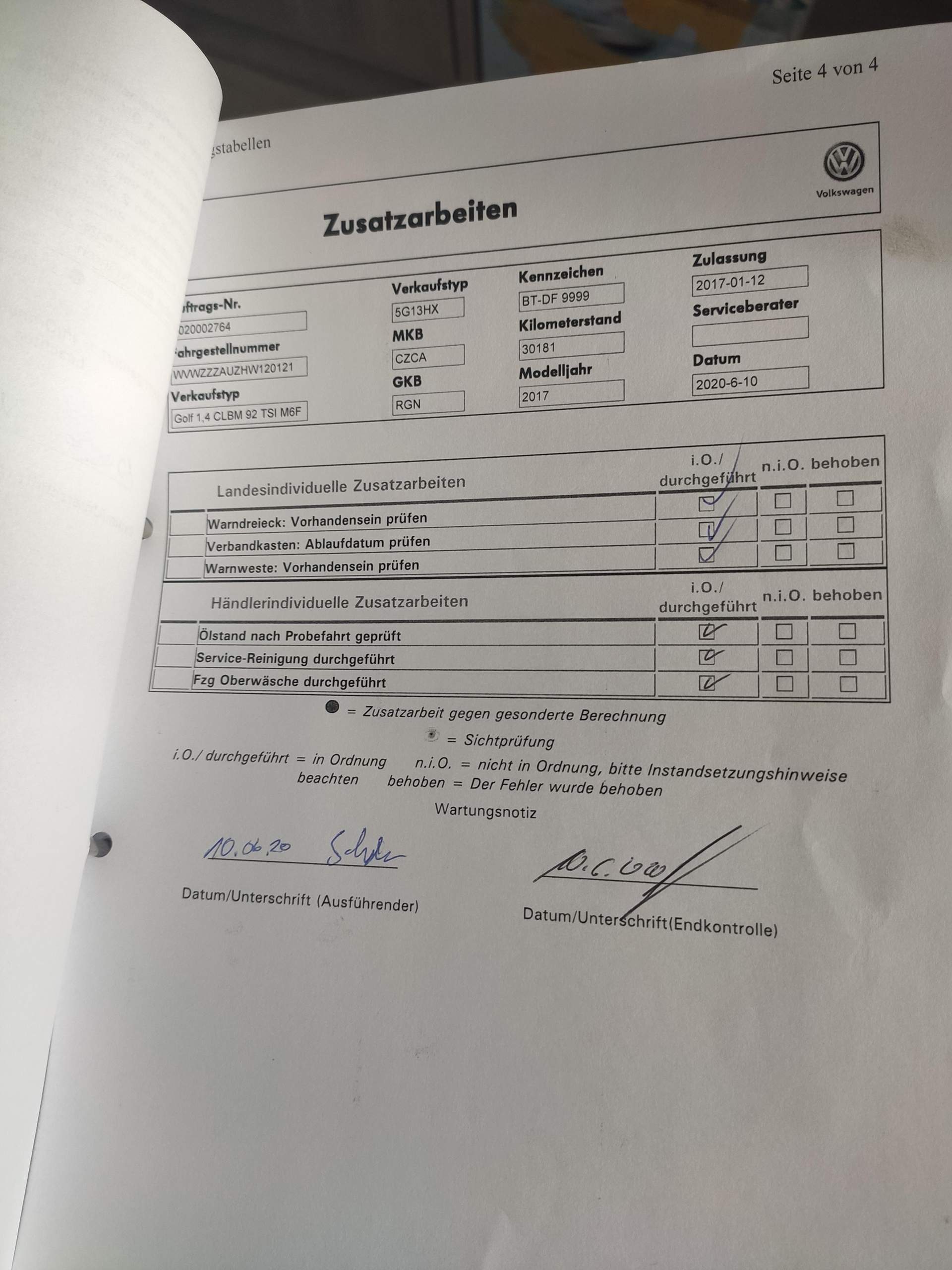 Erweiterter Inspektionsumfang Vw