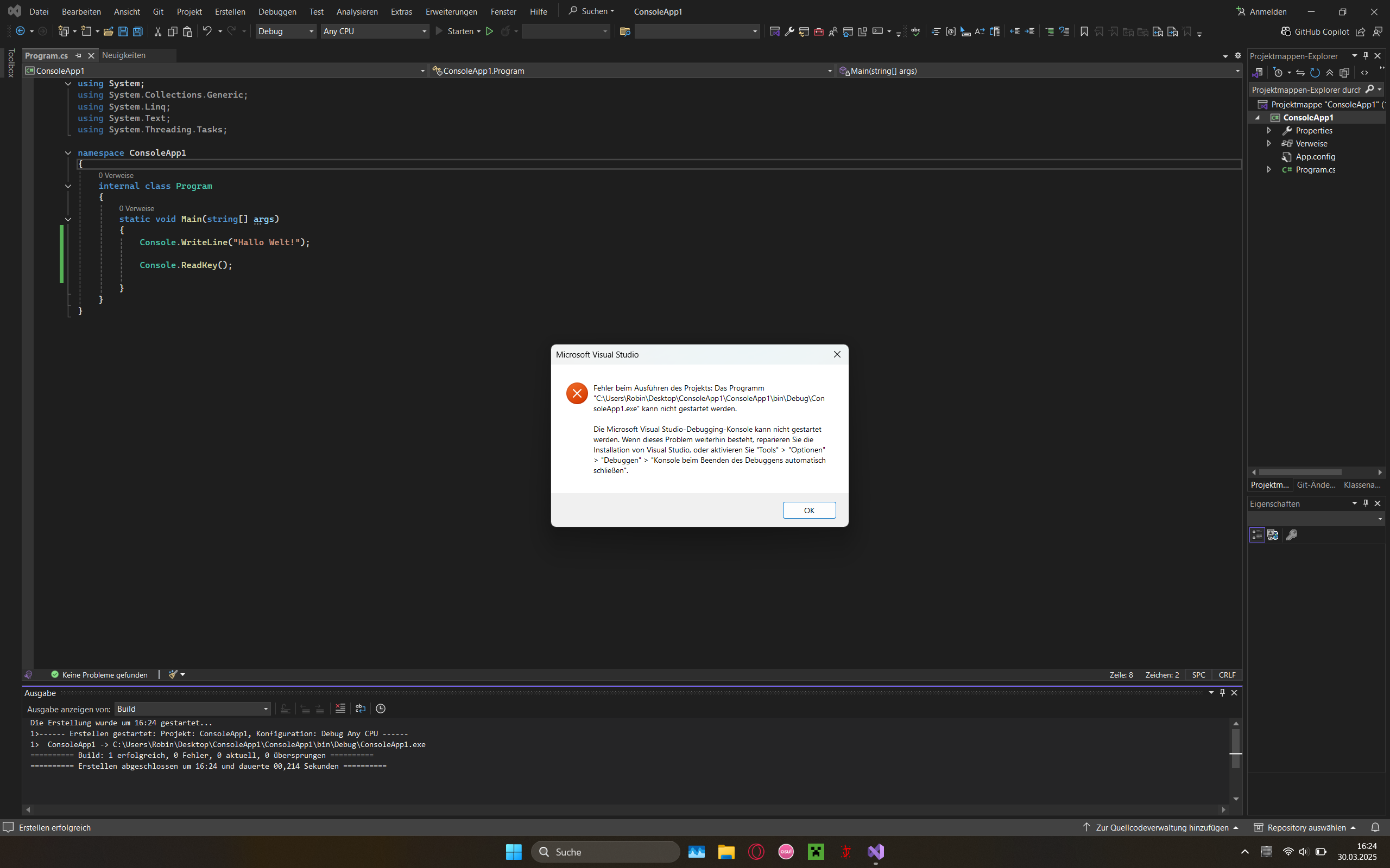 VS22, Debugging-Konsole kann nicht gestartet werden. Kein Programm ...