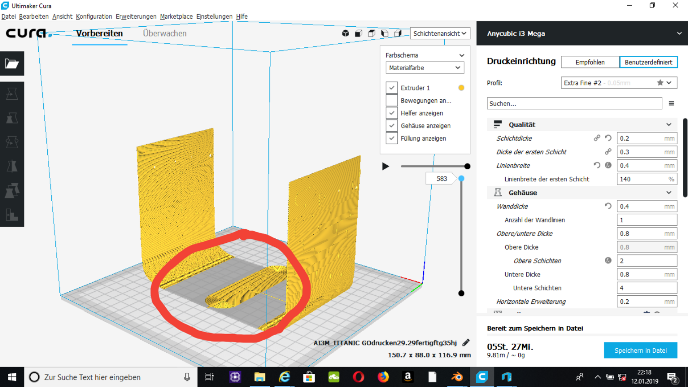 Warum in Cura die Schichten an mein Modell nicht angebracht sind wenn ...