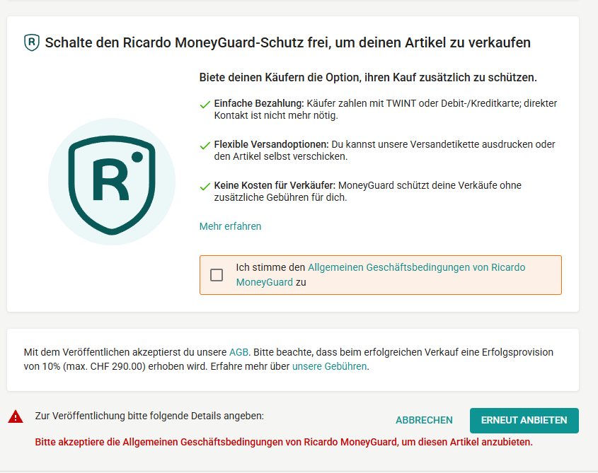 Warum wird man jetzt zu Moneyguard gezwungen? (Internet, eBay, Schweiz)