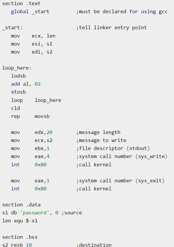 Was ist die Aufgabe von "cld" und "rep movsb" in diesem Assembler Programm?
