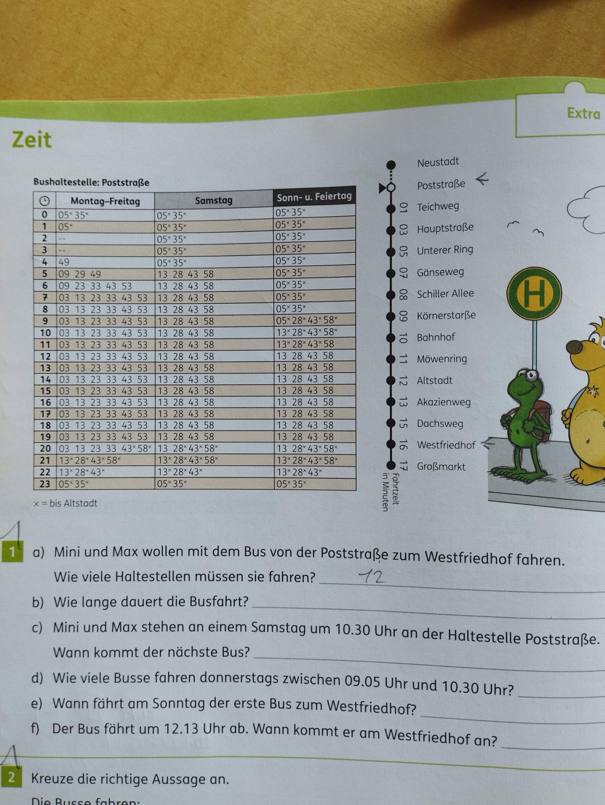 Wie ließt man diesen Busplan? (Hausaufgaben, Bus, Grundschule)