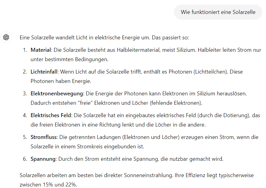 Wie beantwortet ChatGPT die Frage "Wie funktioniert eine Solarzelle ...