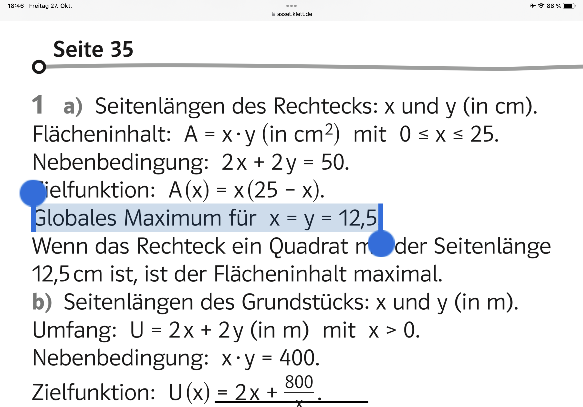Wie berechnet man hier das Maximum? (rechnen, Funktion, Gleichungen)