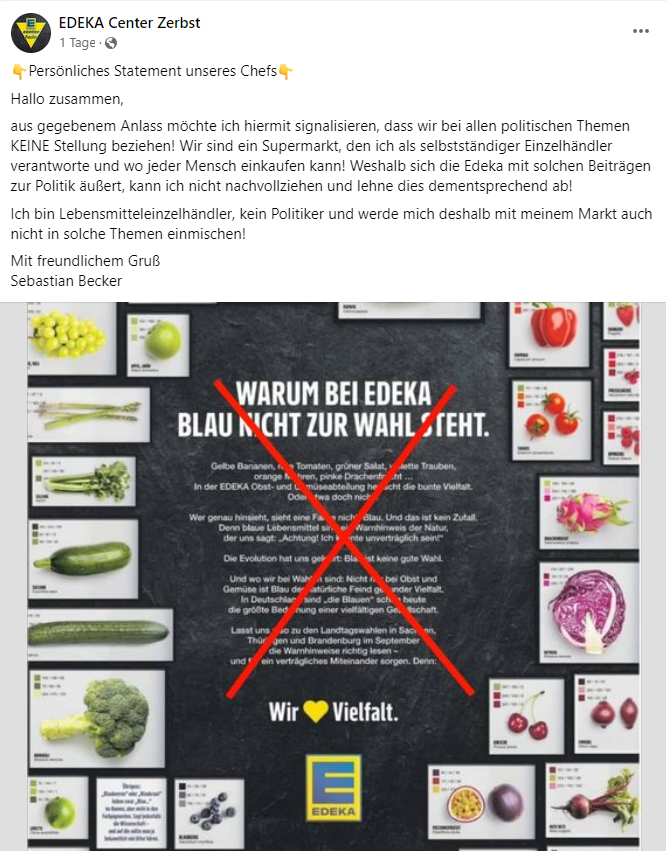 Wie findet Ihr, dass EDEKA-Marktleiter sich öffentlich gegen die Anti-AfD-Kampagne der zentralen ...