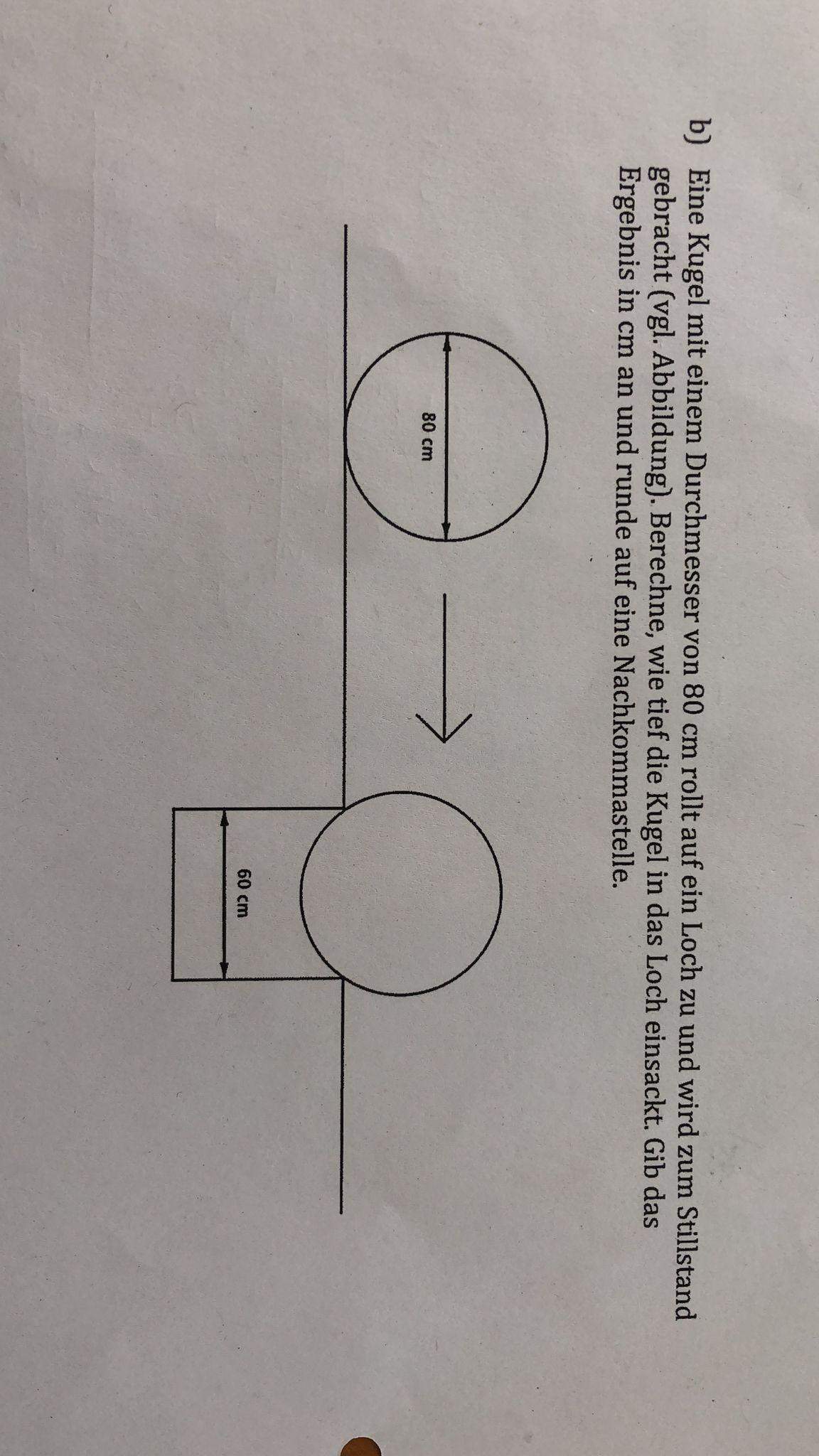 Wie tief kann eine Kugel mit Durchmesser 80cm in das Loch mit Durchmesser 60cm einsacken ...