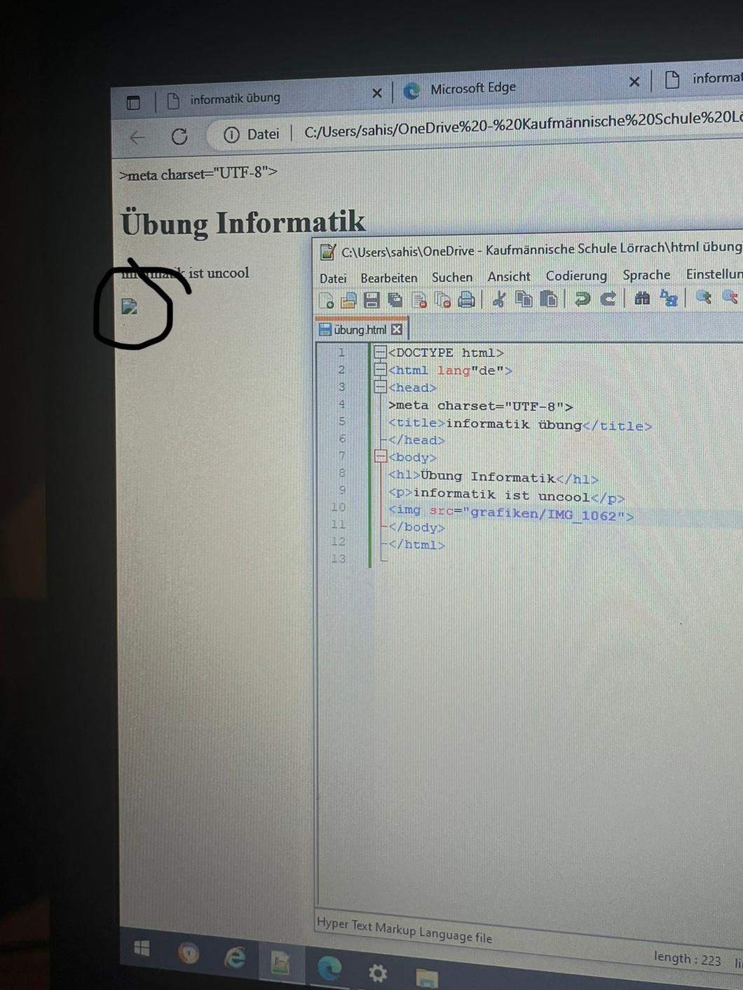 Wieso sieht man das Bild auf der Seite nicht (html)? (Informatik, notepad)