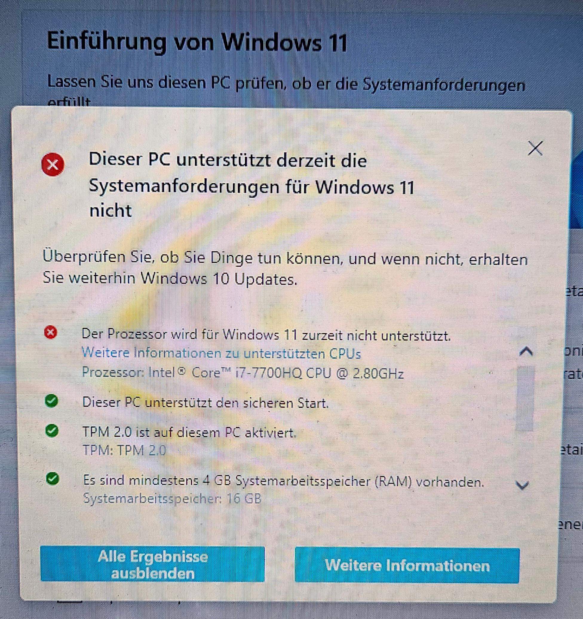 Windows 11 auf meinen Laptop mit Intel(R) Core(TM) i7-7700HQ CPU @ 2.80 ...