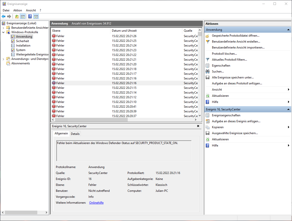 Windows Defender-Status SECURITY_PRODUCT_STATE_ON? (Computer, Technik, PC)